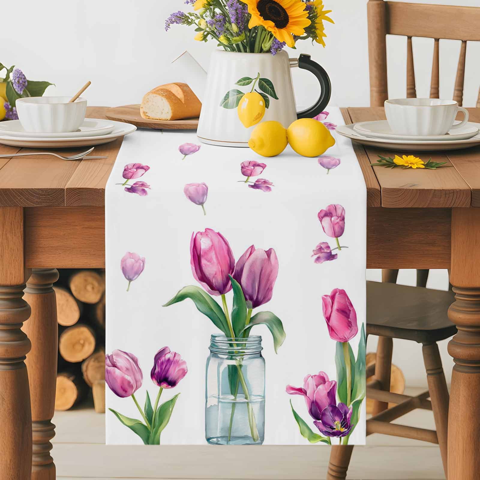 Burlap Table Runner 60 Inches Long, Pastoral Pink Flower Leaf Non-Slip ...