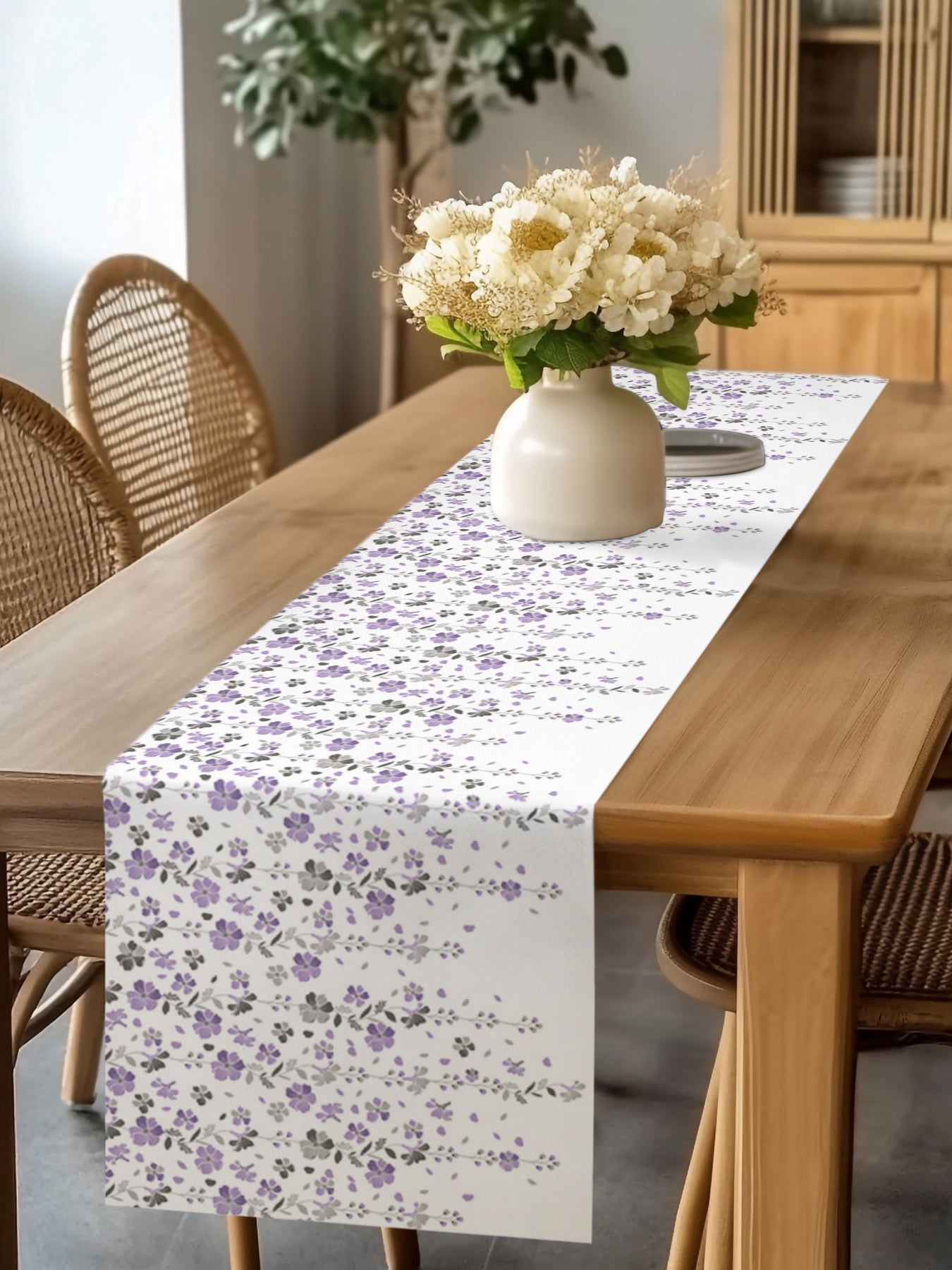 Burlap Table Runner 60 Inches Long, Pastoral Purple and Grey Flowers ...
