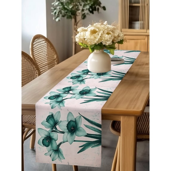 Burlap Table Runner 60 Inches Long, Pastoral Teal Blossom Floral Non ...