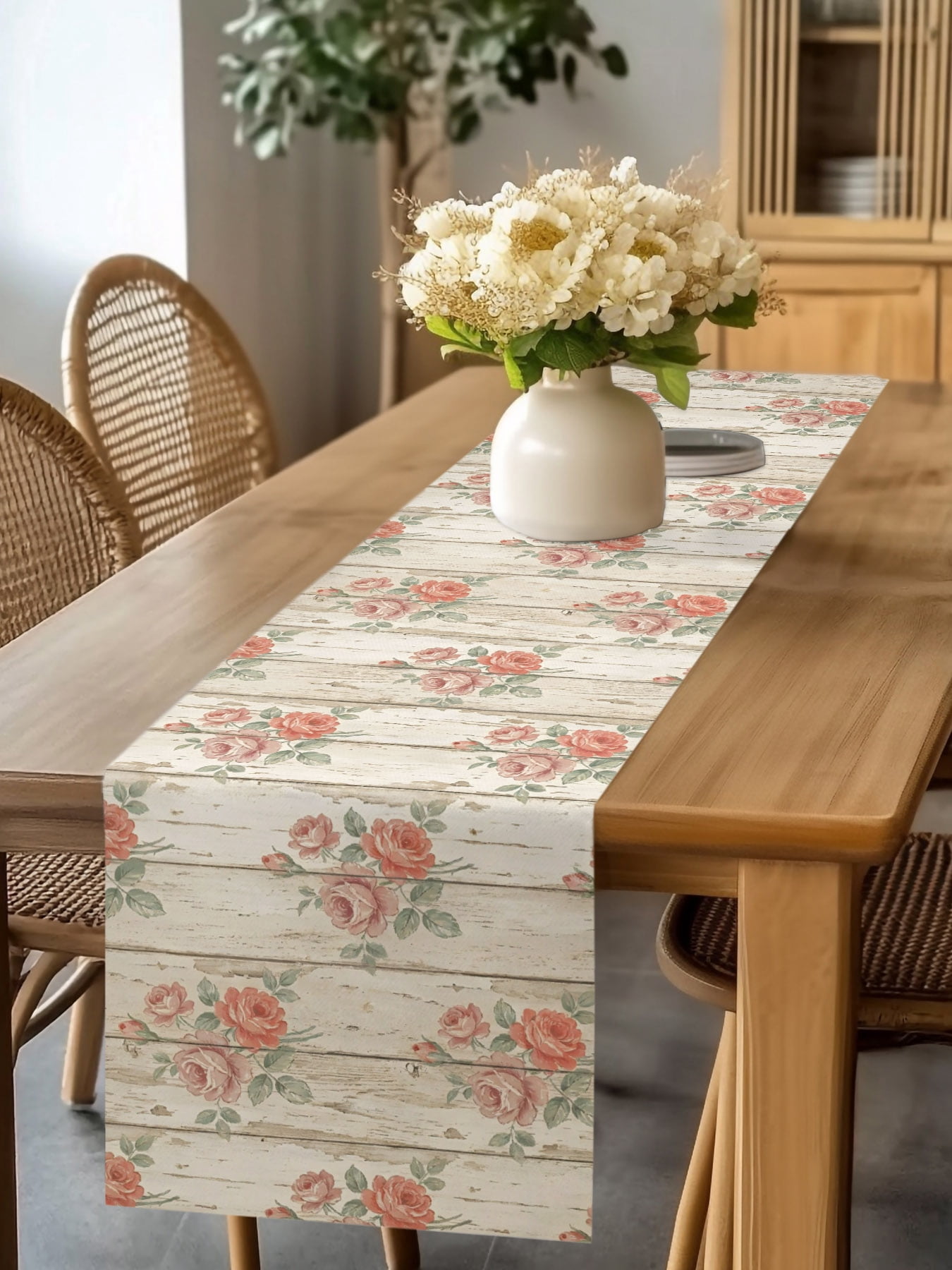 Burlap Table Runner 60 Inches Long, Pink Roses on Farmhouse Wood Non ...