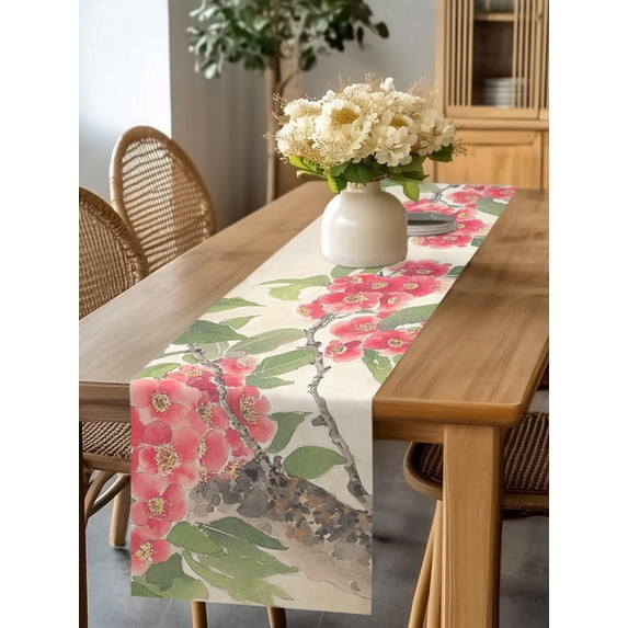 Burlap Table Runner 60 Inches Long, Red Flowers Green Leaves Tree ...