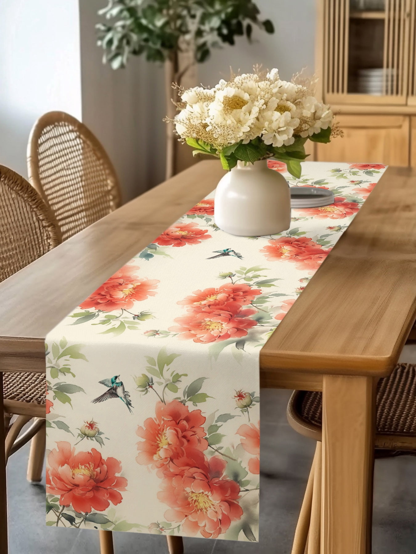 Burlap Table Runner 60 Inches Long, Red Gradient Daisy Bird Non-Slip ...