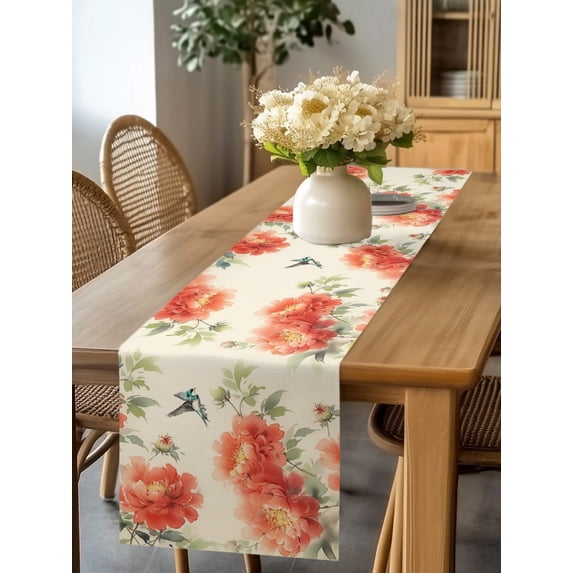 Burlap Table Runner 60 Inches Long, Red Gradient Daisy Bird Non-Slip ...