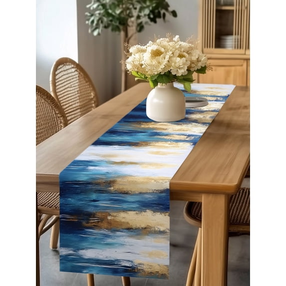 Burlap Table Runner 60 Inches Long, Retro Gradient Blue Gold Ripple Non ...