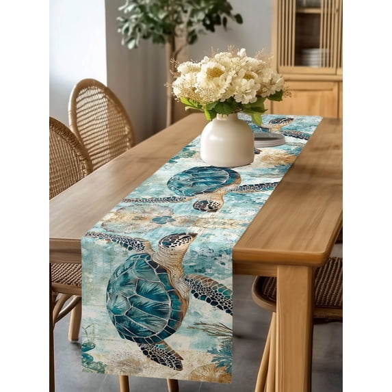Burlap Table Runner 60 Inches Long, Retro Summer Sea Turtle Non-Slip ...