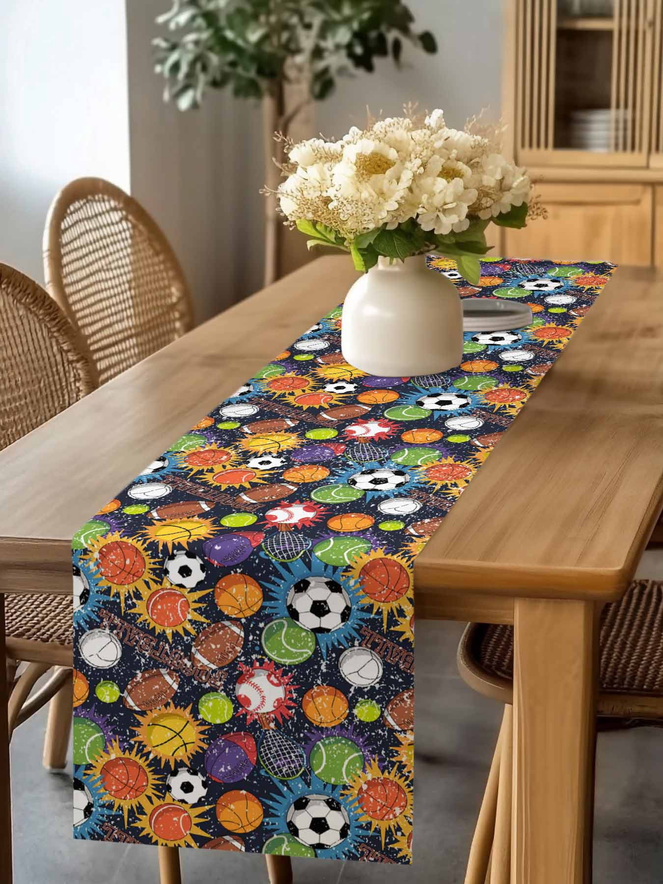 Burlap Table Runner 60 Inches Long, Rugby Football Basketball Sports ...