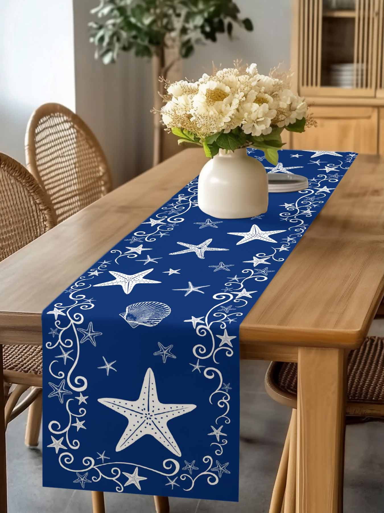 Burlap Table Runner 60 Inches Long, Sea Starfish Shell on Navy Blue Non ...