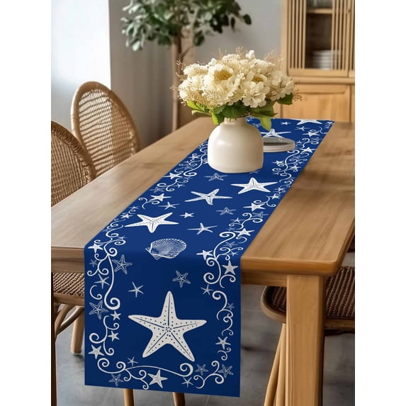 Burlap Table Runner 60 Inches Long, Sea Starfish Shell on Navy Blue Non ...