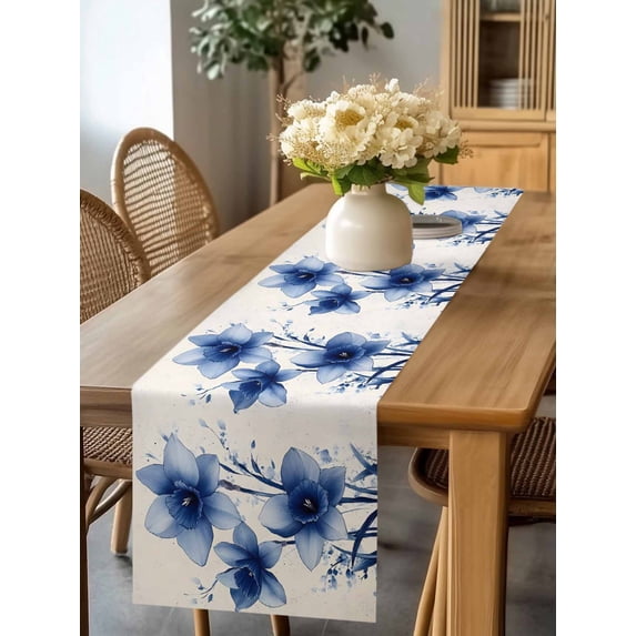 Burlap Table Runner 60 Inches Long, Spring Blue Daffodils Bouquet ...