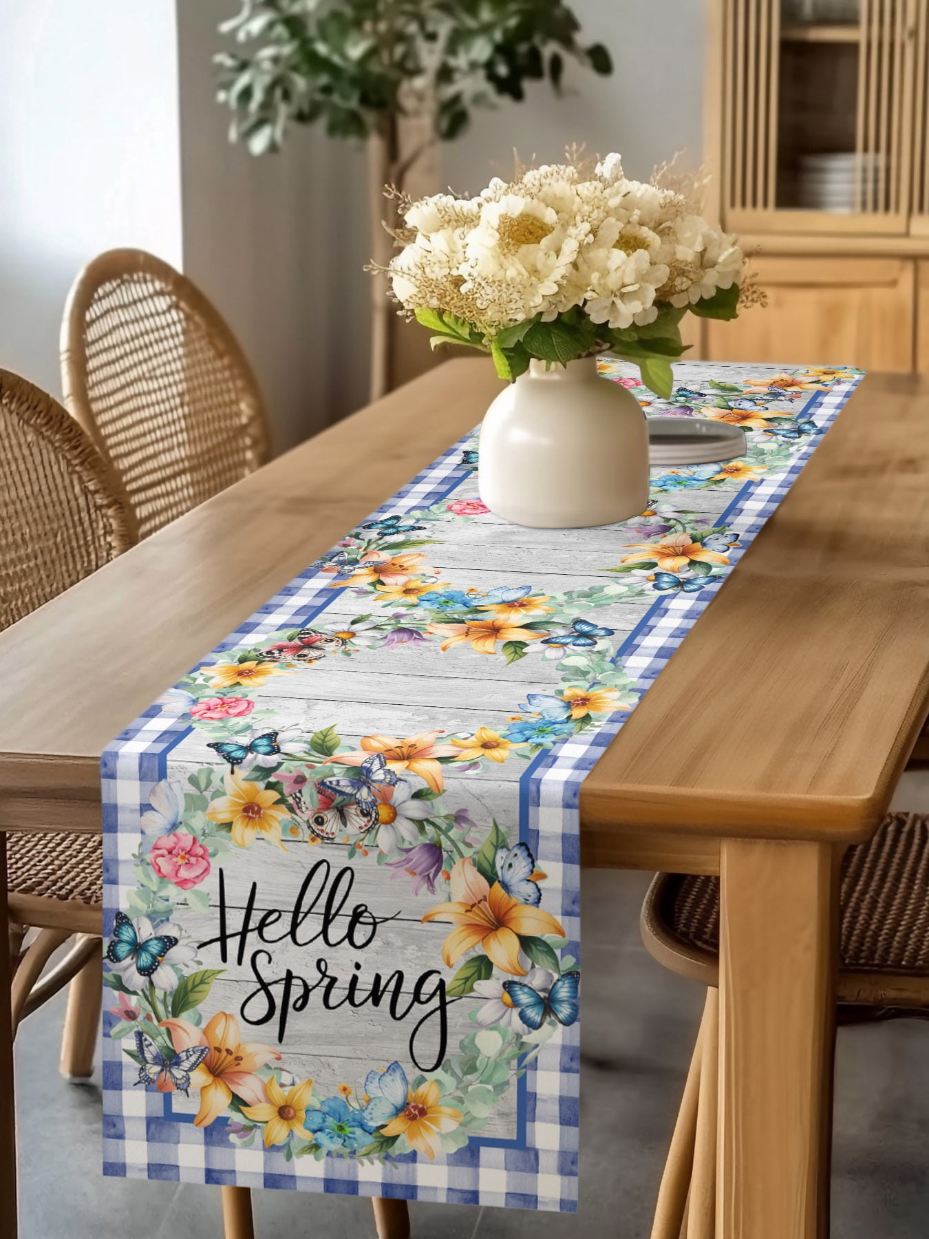 Burlap Table Runner 60 Inches Long, Spring Flower Butterfly Non-Slip ...