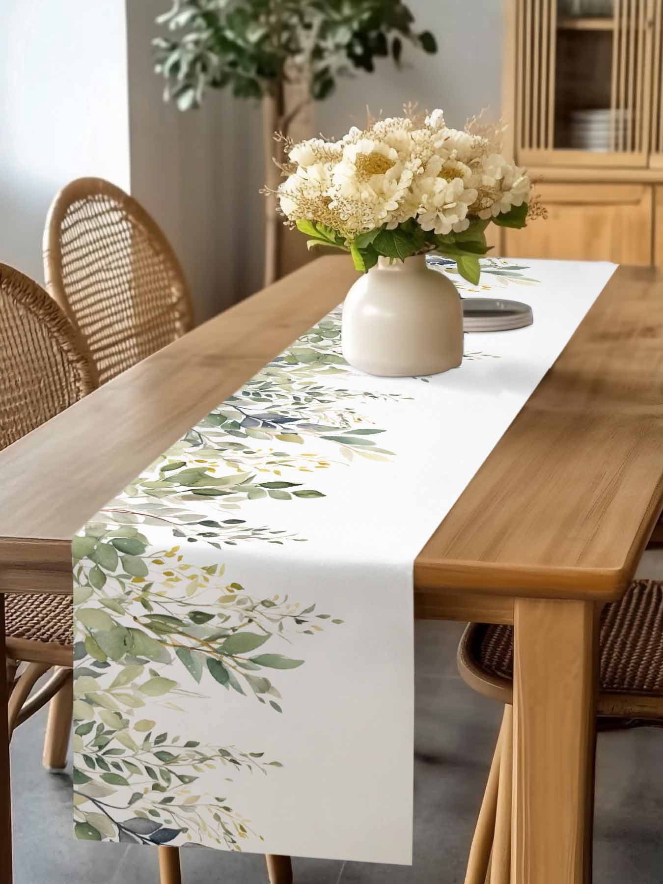 Burlap Table Runner 60 Inches Long, Spring Green Eucalyptus Plants Non ...