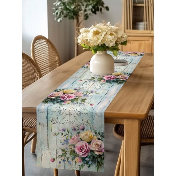 Burlap Table Runner 60 Inches Long, Spring Rose Pastoral Flowers Non ...