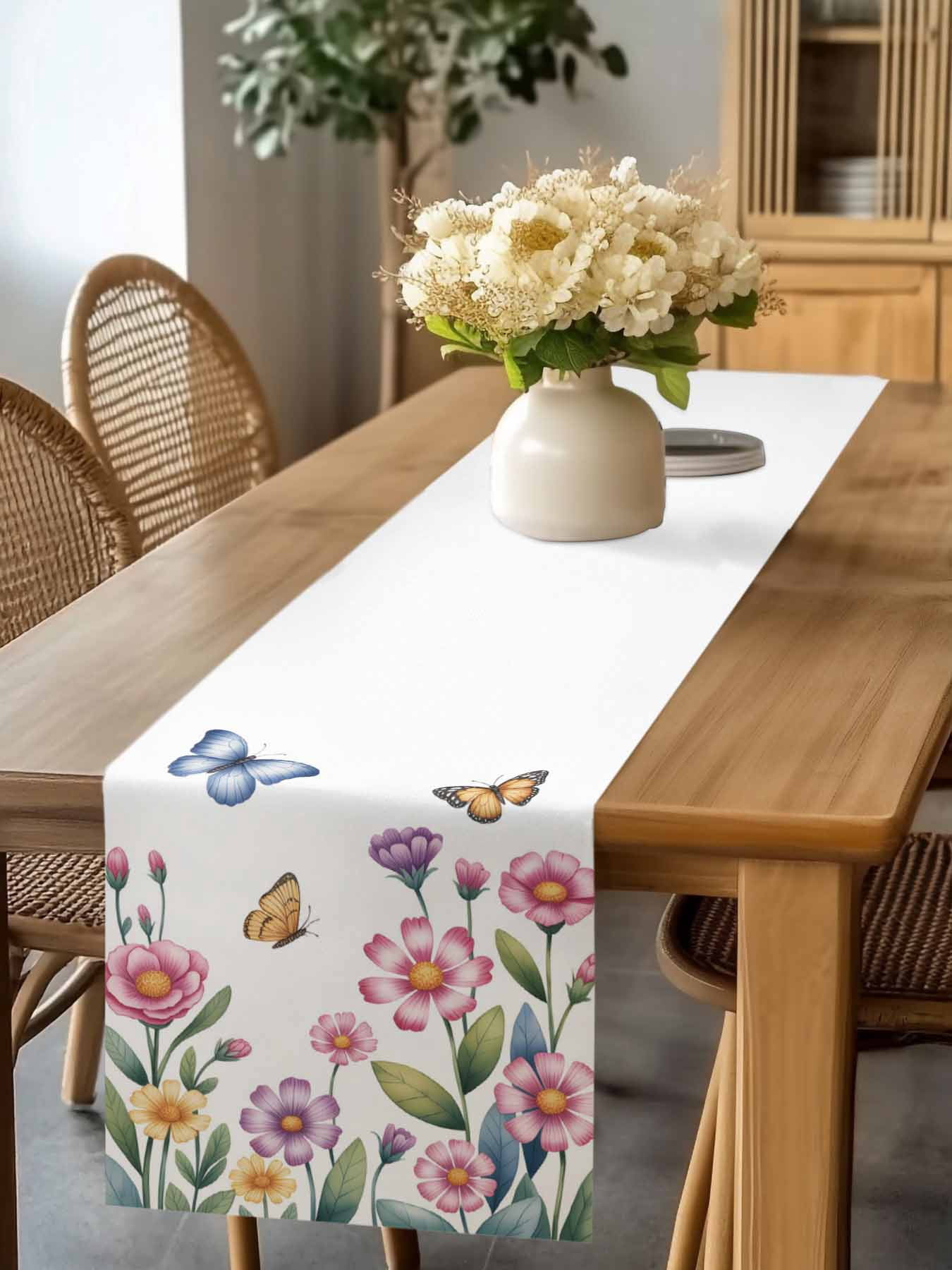 Burlap Table Runner 60 Inches Long, Spring Watercolor Flower Leaves Non ...