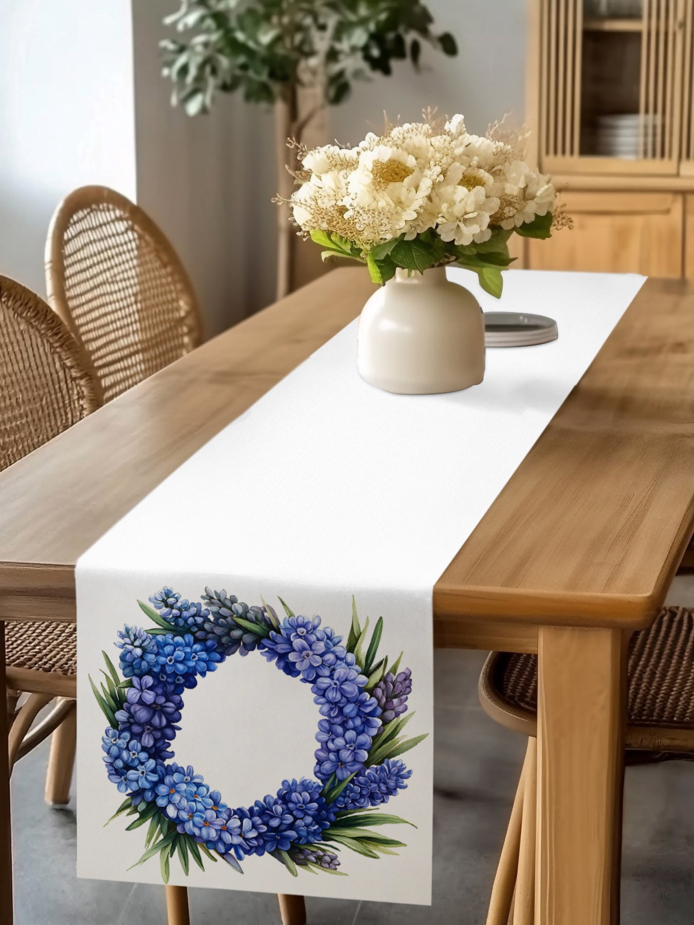 Burlap Table Runner 60 Inches Long, Spring Watercolor Garland Leaves ...