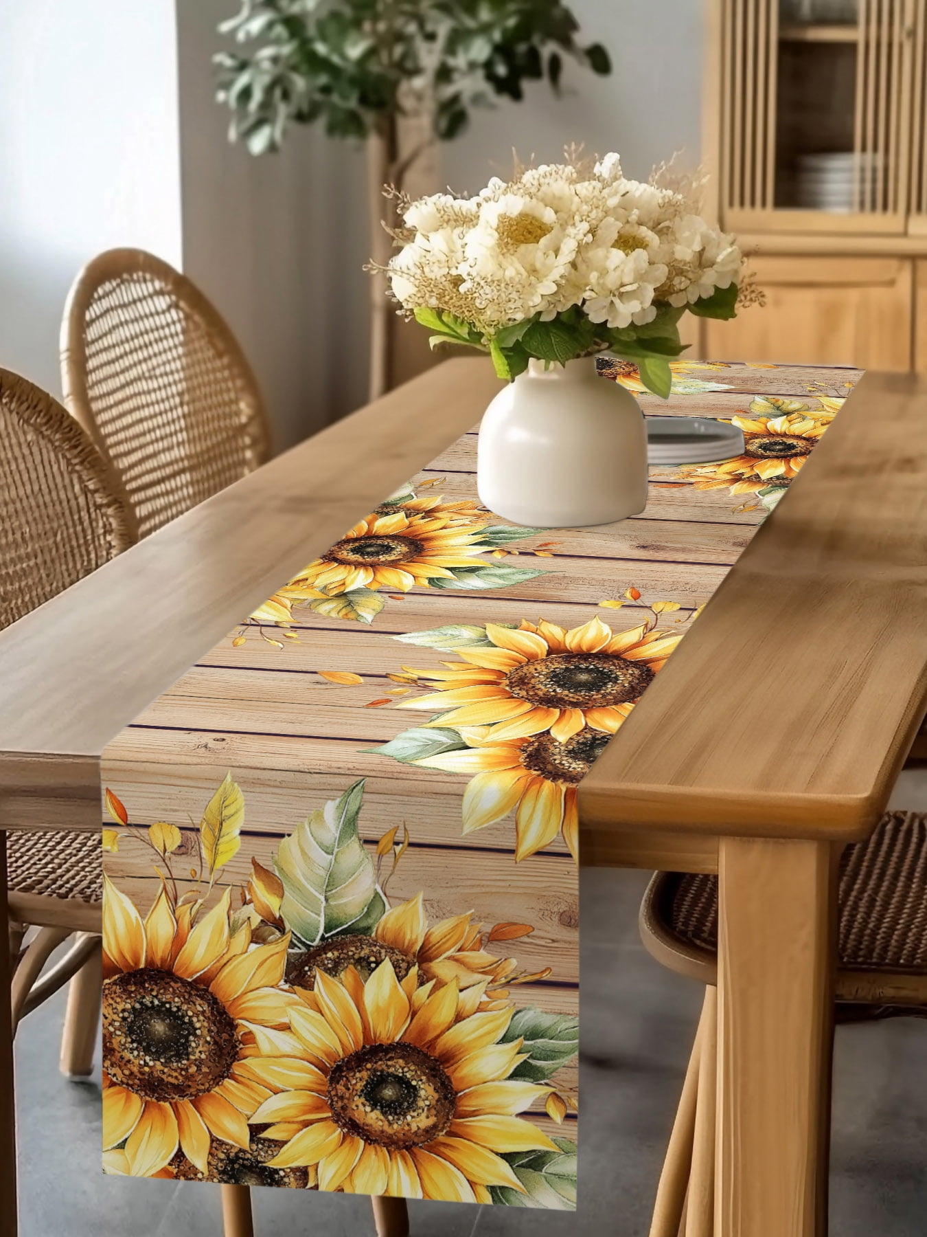 Burlap Table Runner 60 Inches Long, Spring Watercolor Sunflower Farm ...