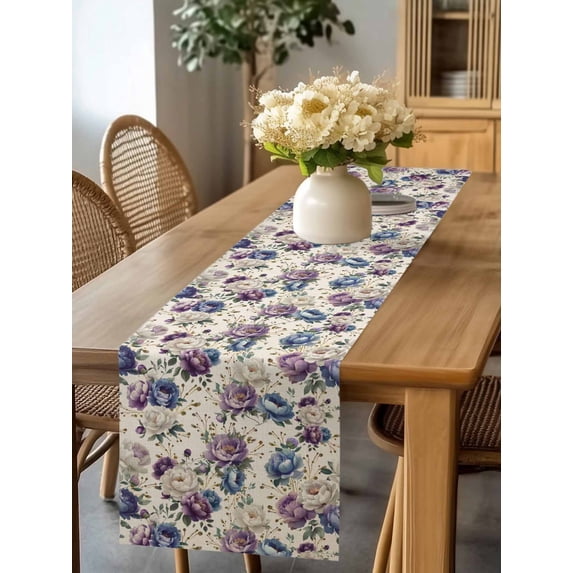 Burlap Table Runner 60 Inches Long, Spring White Purple Blue Flowers ...