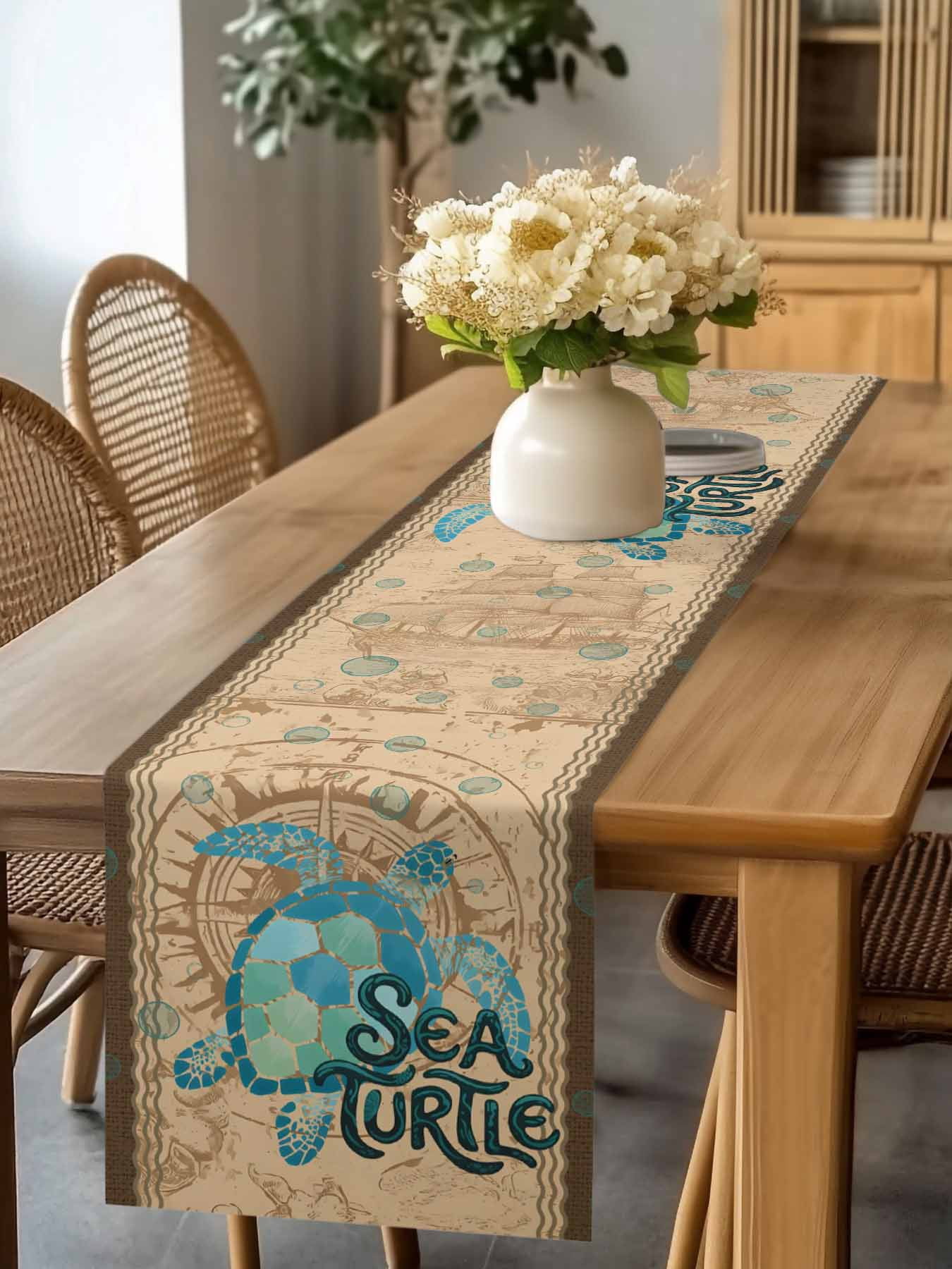 Burlap Table Runner 60 Inches Long, Summer Blue Sea Turtles Non-Slip ...