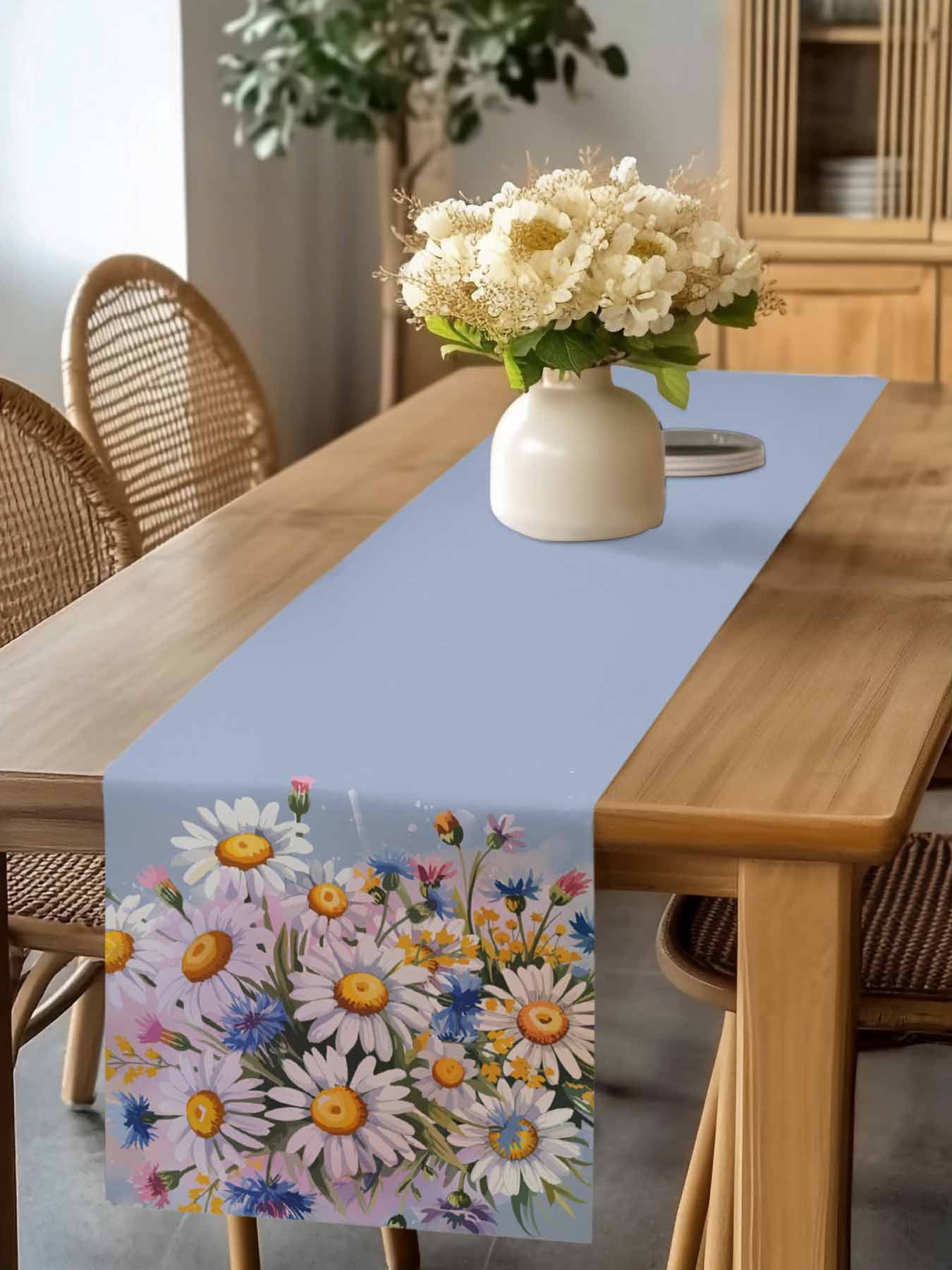 Burlap Table Runner 60 Inches Long, Summer Daisy Sketch Floral Art Non ...