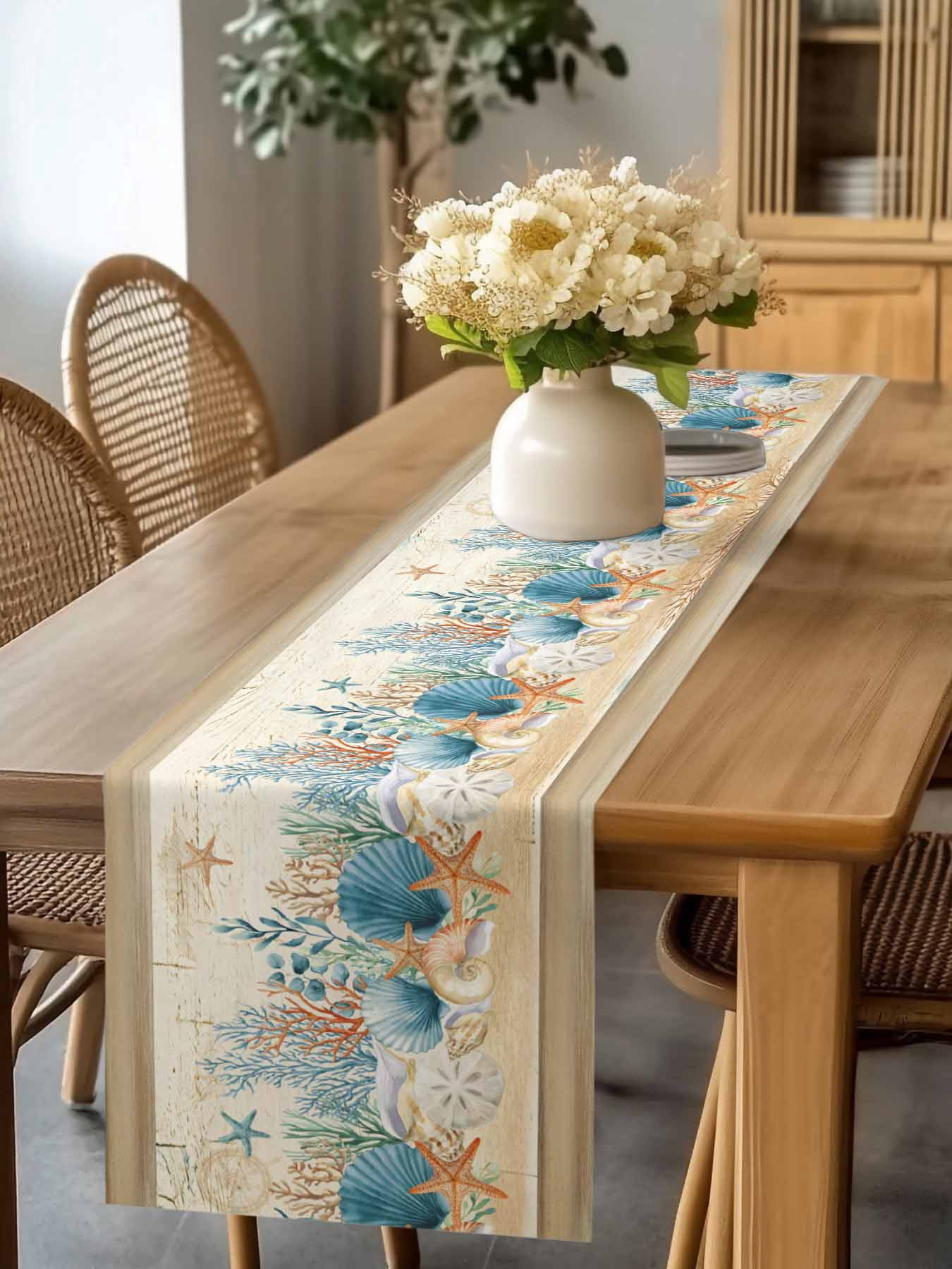 Burlap Table Runner 60 Inches Long, Summer Marine Life Sea Star Shell ...
