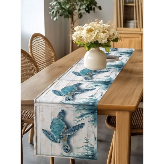 Burlap Table Runner 60 Inches Long, Summer Ocean Turtle Seaweed Non ...