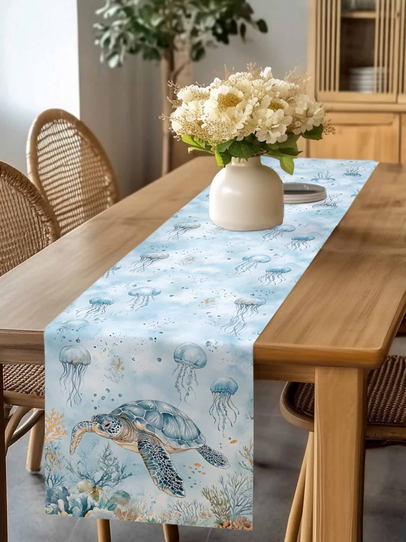 Burlap Table Runner 60 Inches Long, Summer Sea Turtle Jellyfish Coral ...