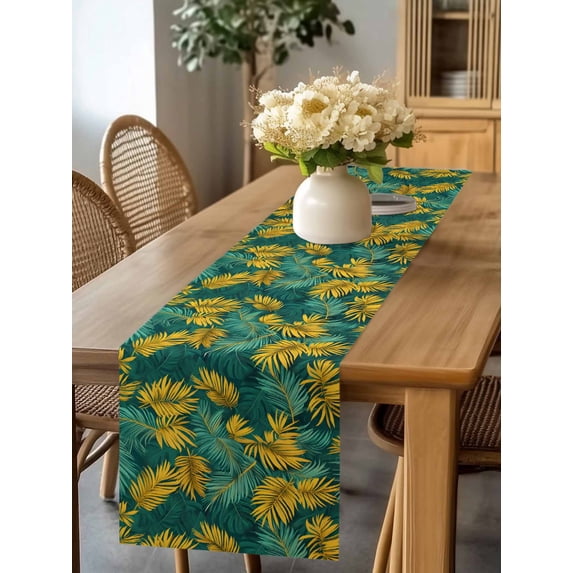 Burlap Table Runner 60 Inches Long, Summer Yellow Teal Green Leaves Non ...