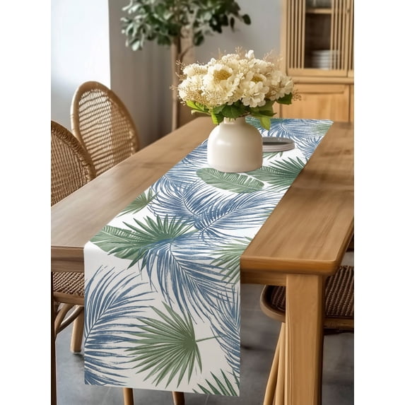 Burlap Table Runner 60 Inches Long, Teal Blue Green White Palm Leaves ...