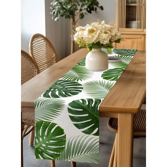 Burlap Table Runner 60 Inches Long, Tropical Palm Leaves Monstera ...