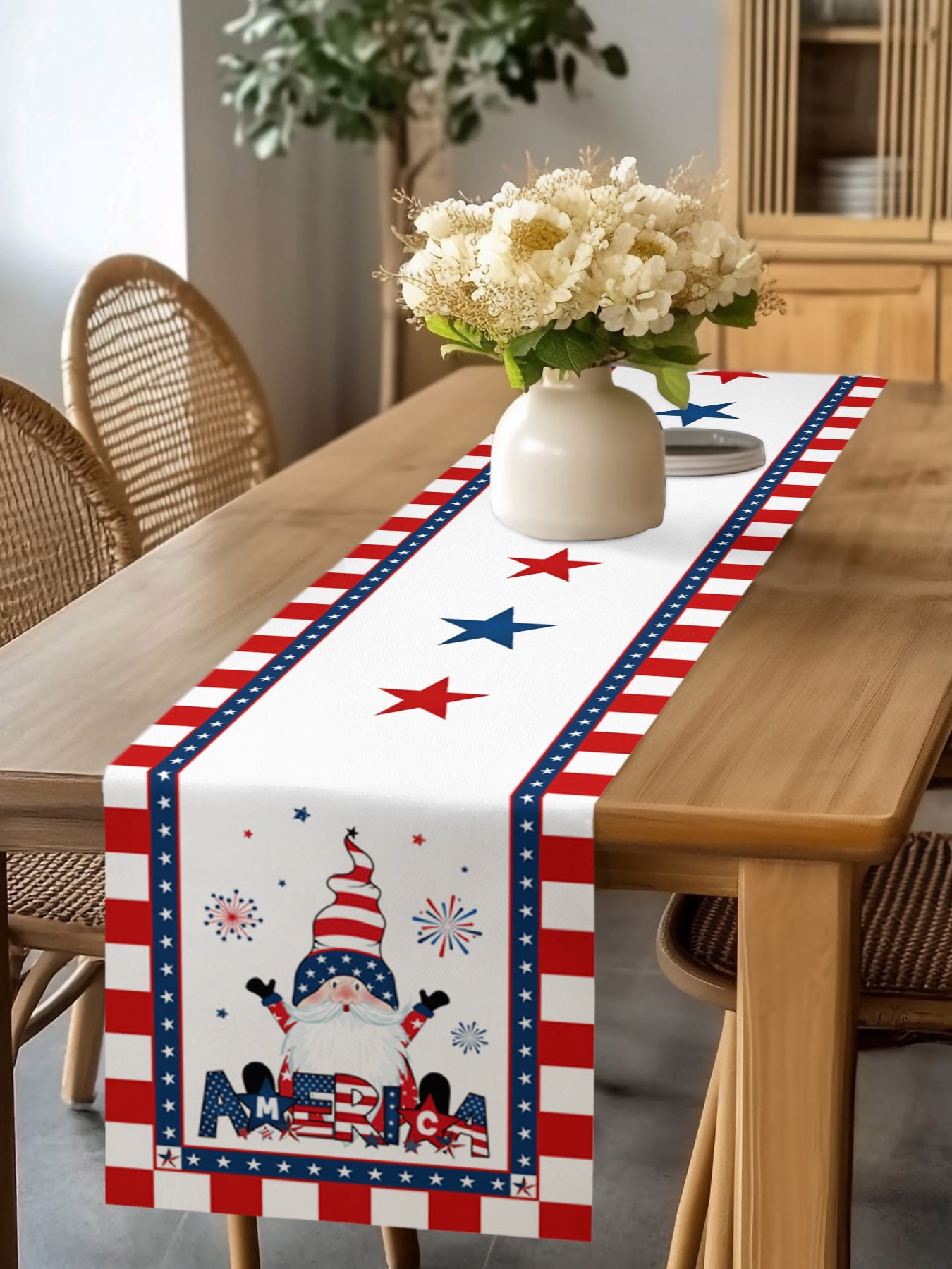 Burlap Table Runner 60 Inches Long, USA Lovely Dwarf Wearing Flag Hat ...