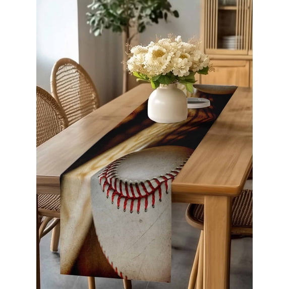Burlap Table Runner 60 Inches Long, Vintage Baseball with Wooden Bat ...
