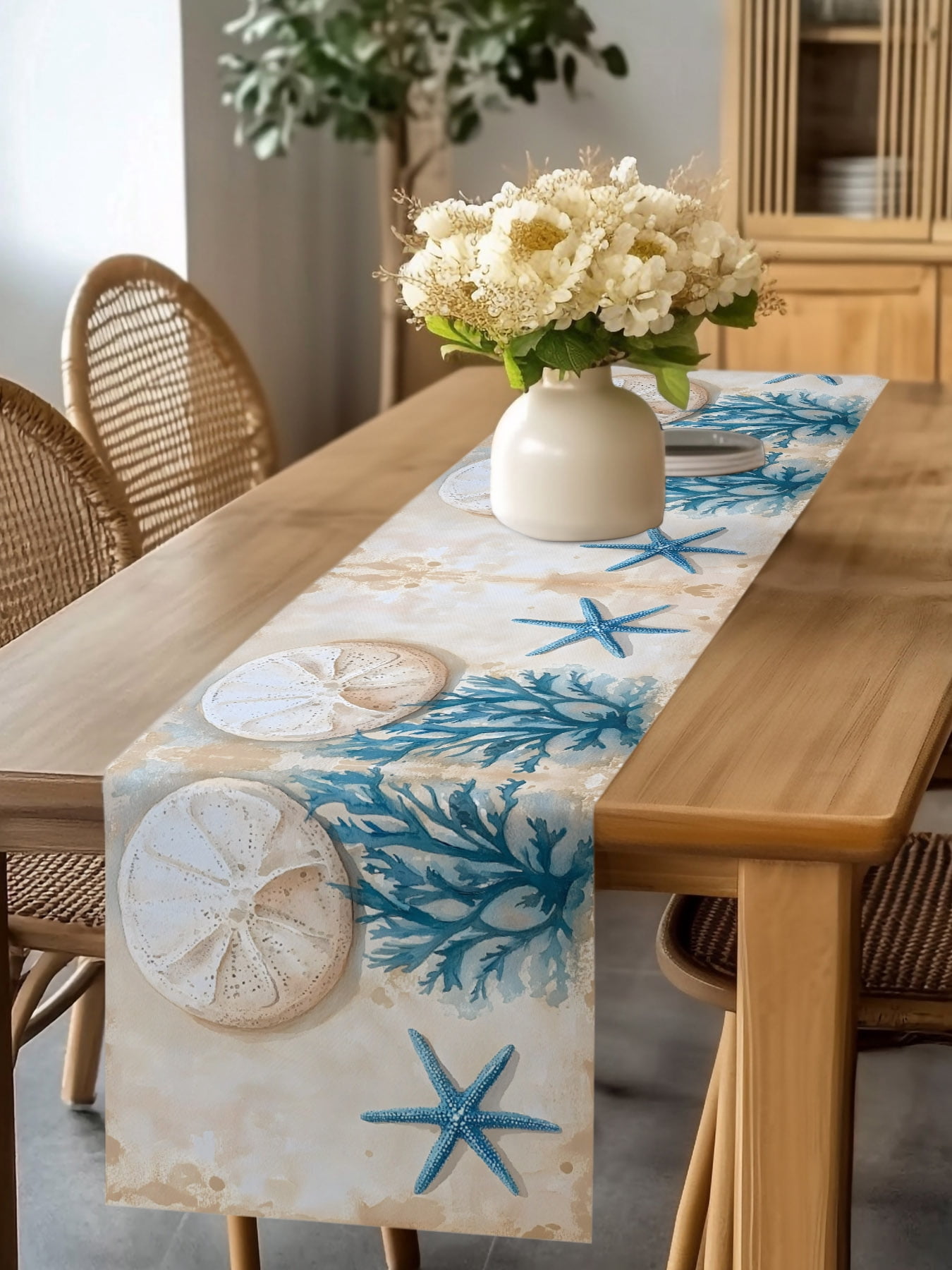 Burlap Table Runner 60 Inches Long, Vintage Coastal Starfish Sand Coral ...