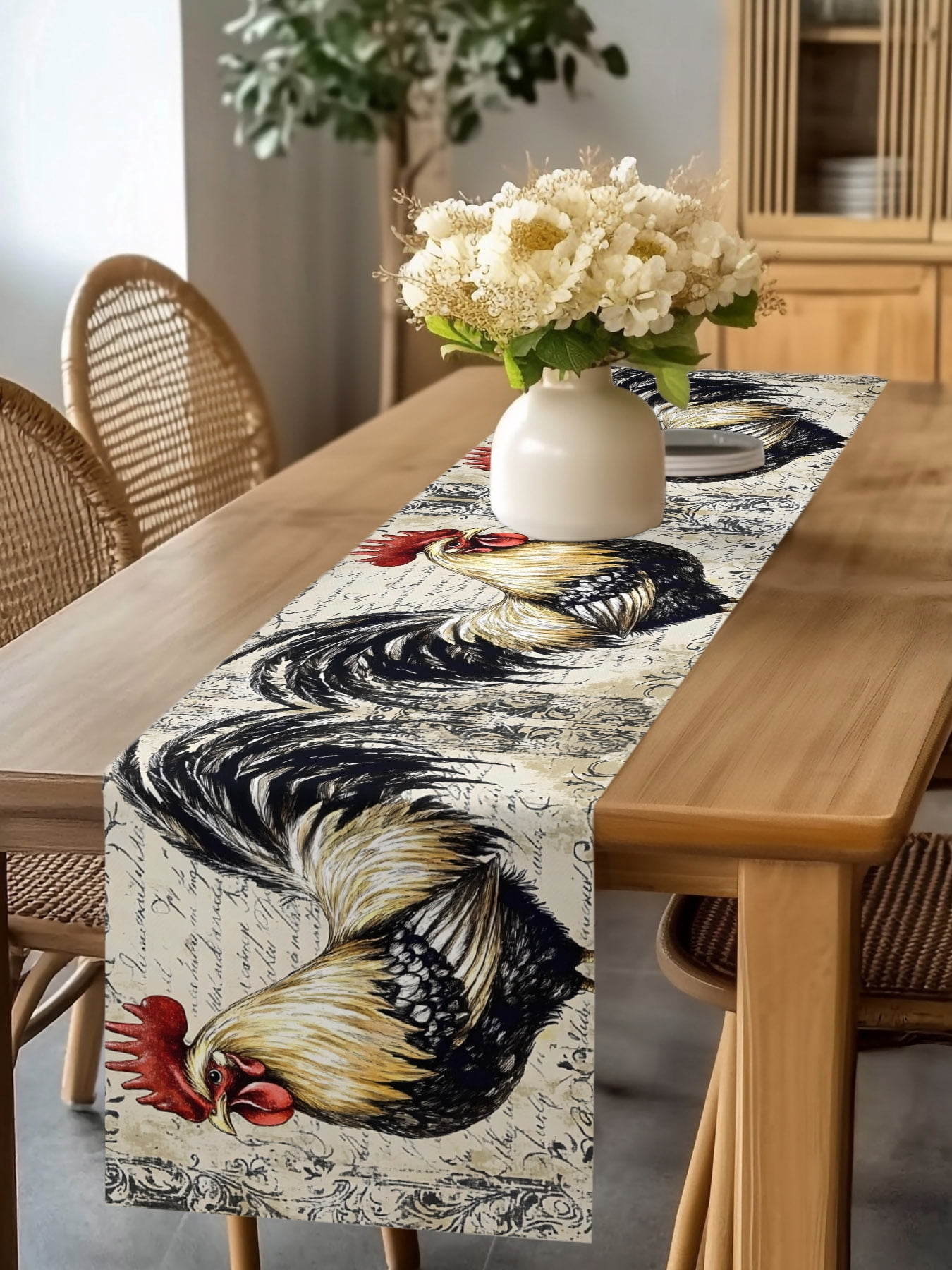Burlap Table Runner 60 Inches Long, Vintage Farm Rooster Non-Slip ...