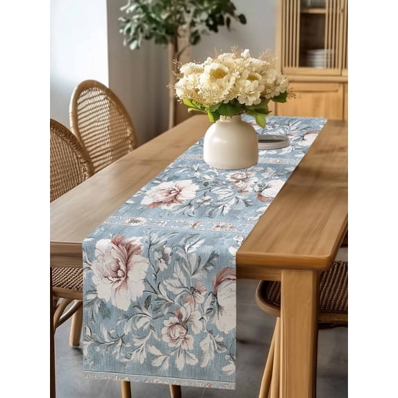 Burlap Table Runner 60 Inches Long, Vintage Floral Ombre Blue Non-Slip ...