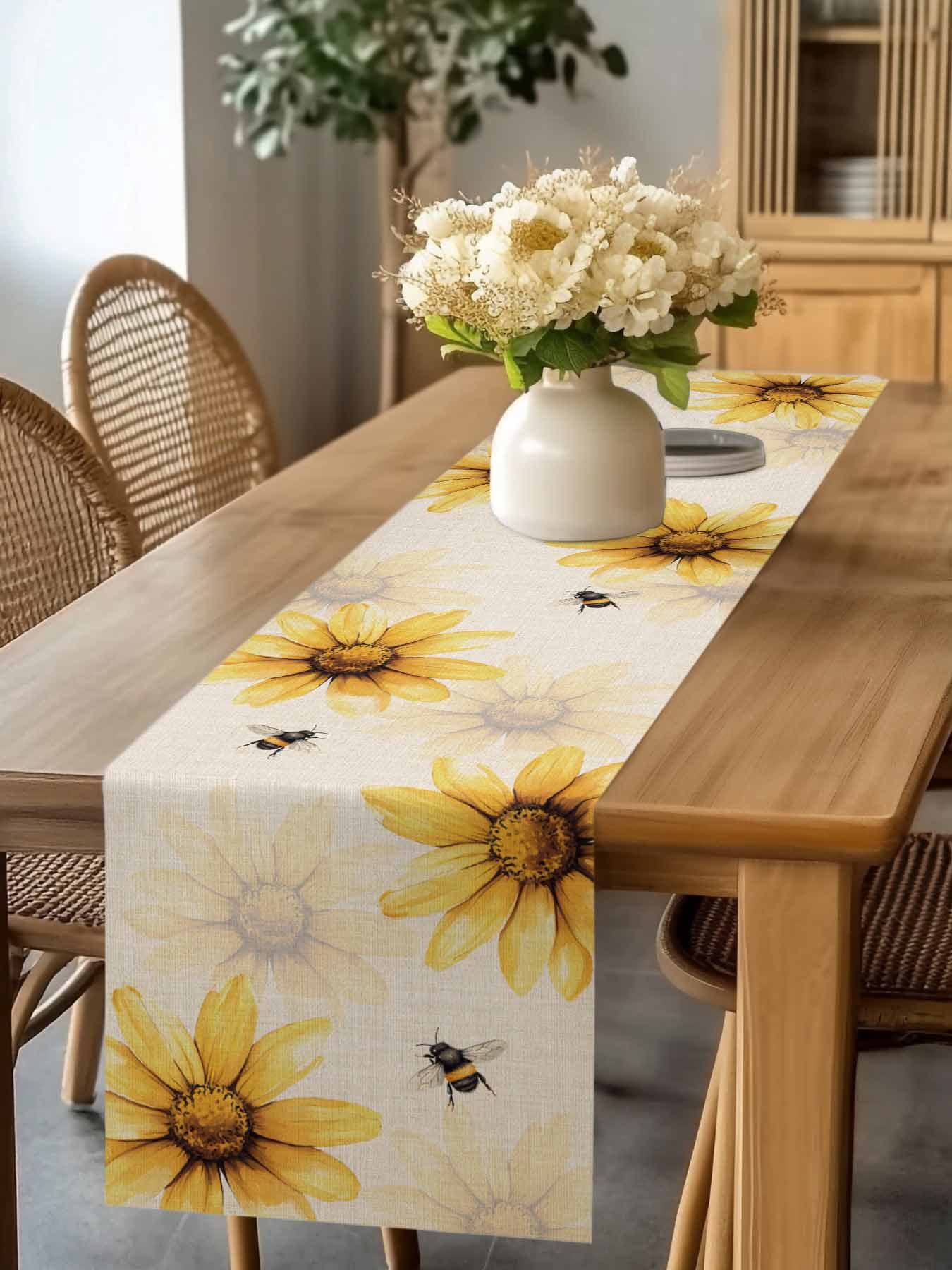Burlap Table Runner 60 Inches Long, Vintage Summer Daisy Flower Bee Non ...