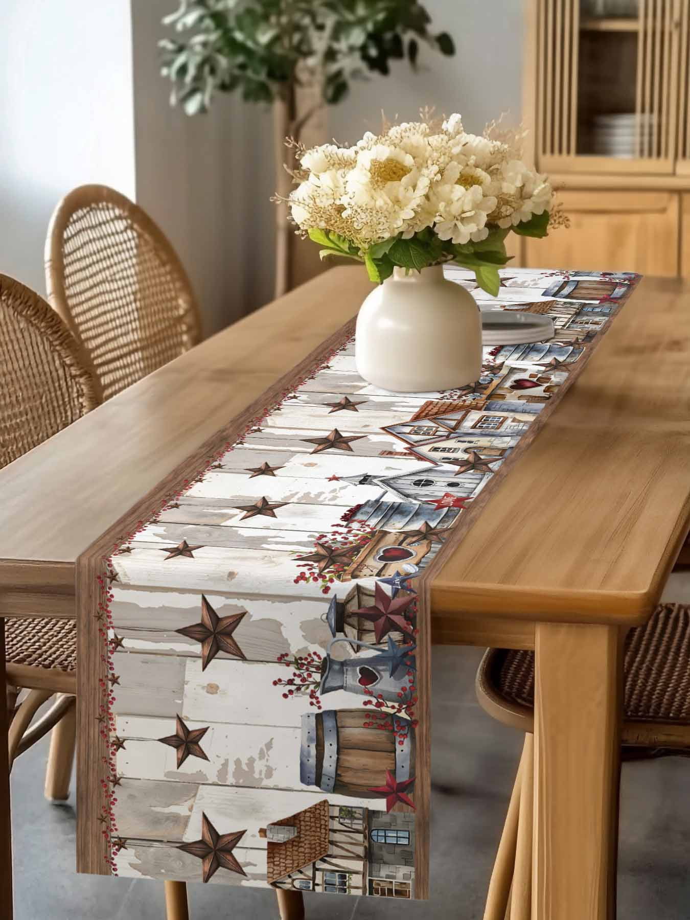 Burlap Table Runner 60 Inches Long, Watercolor Country Star on Wood ...