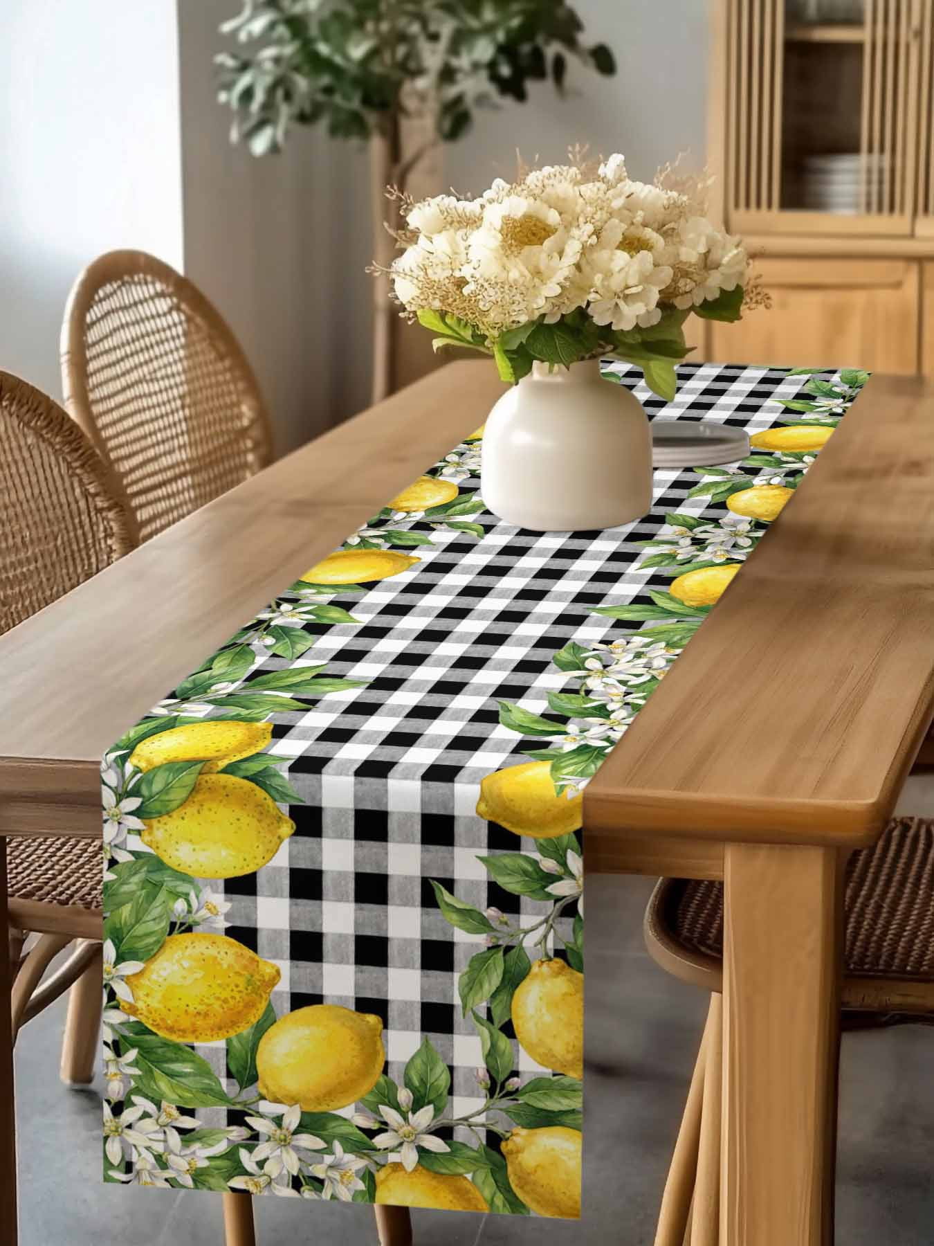 Burlap Table Runner 60 Inches Long, Watercolor Farm Lemons Flowers Non ...