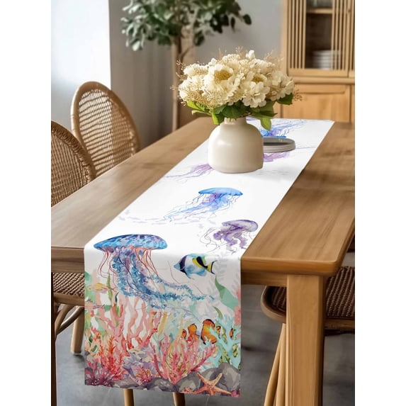 Burlap Table Runner 60 Inches Long, Watercolor Jellyfish Corals Non ...