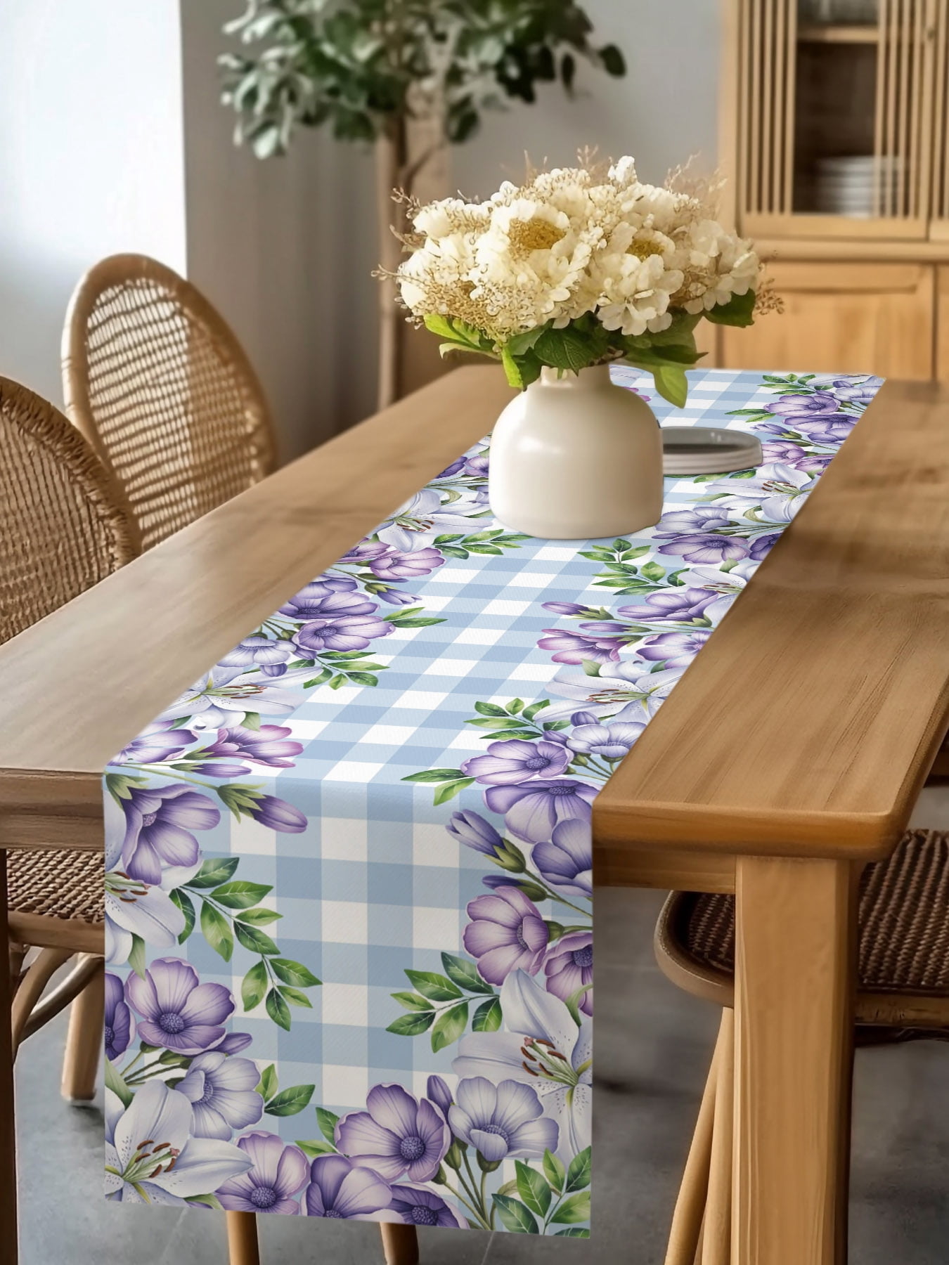 Burlap Table Runner 60 Inches Long, Watercolor Purple Flowers Non-Slip ...