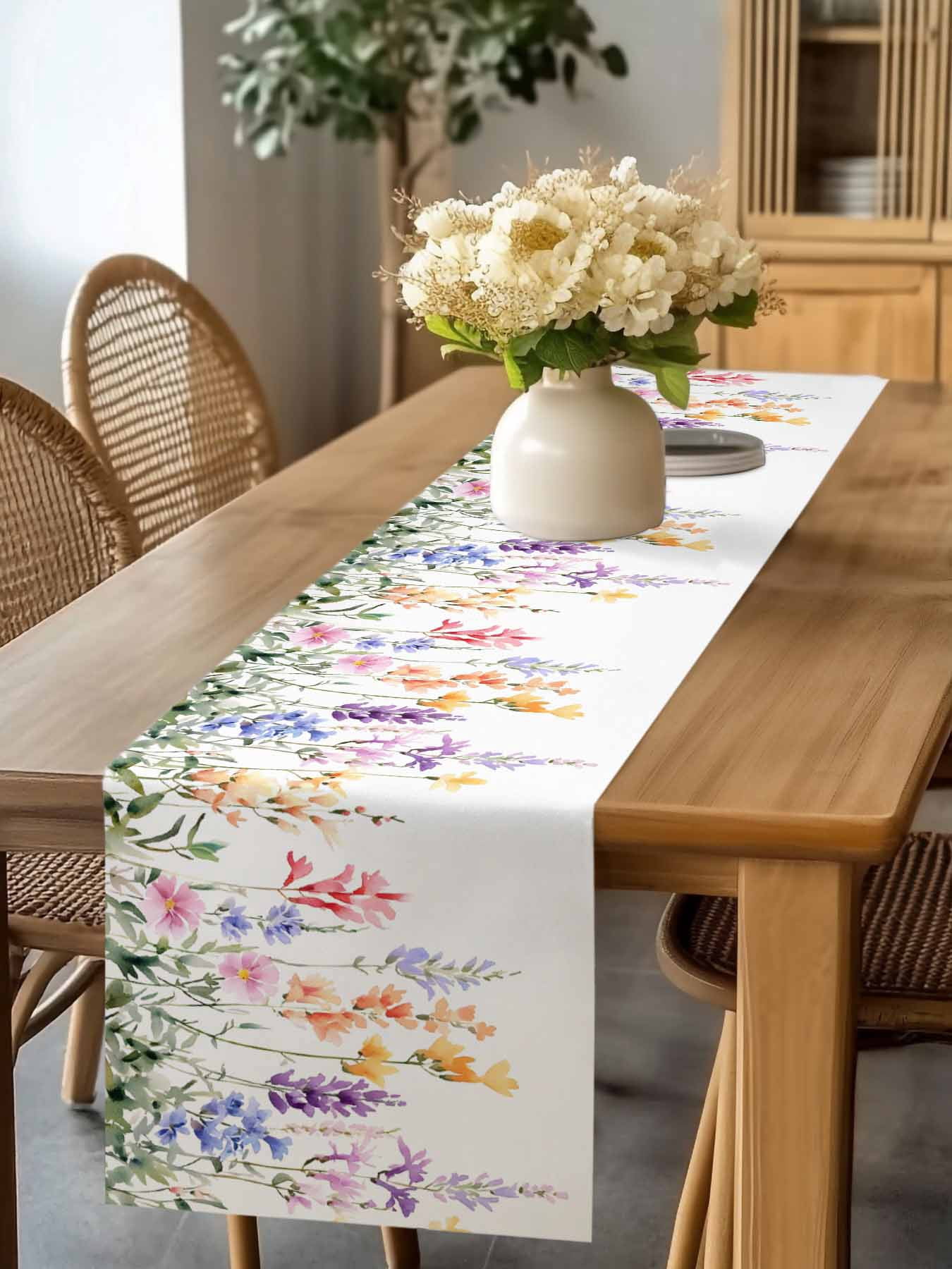 Burlap Table Runner 60 Inches Long, Watercolor Spring Colorful Flower ...