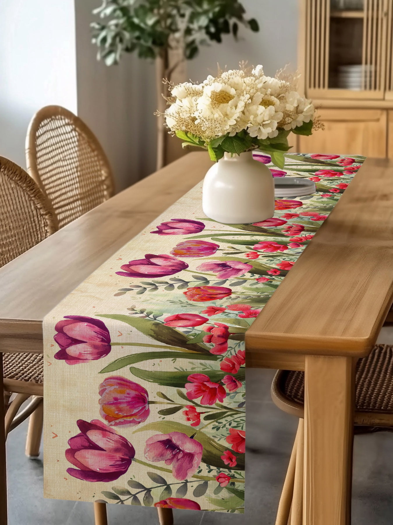 Burlap Table Runner 60 Inches Long, Watercolor Tulip Flower Green ...