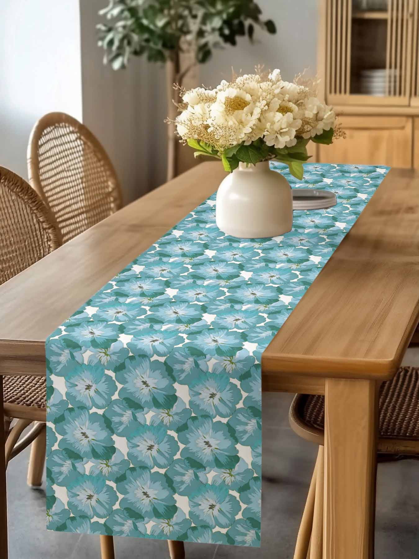 Burlap Table Runner 60 Inches Long, Watercolor Turquoise Peony Flower ...