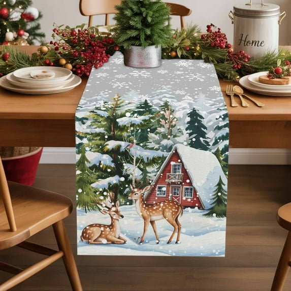 Burlap Table Runner 60 Inches Long,Winter Farmhouse Village Scenery Non ...