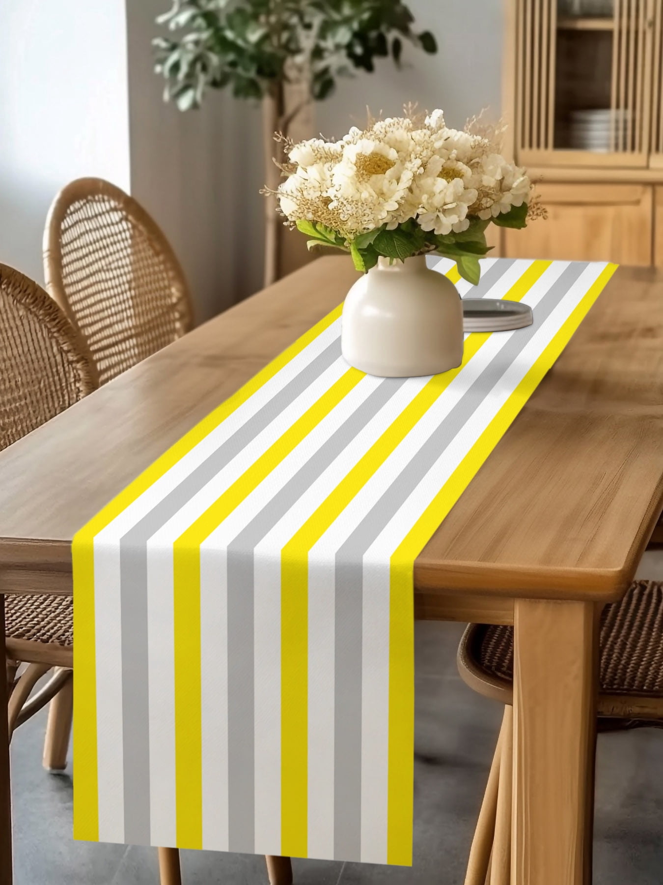 Burlap Table Runner 60 Inches Long, Yellow and Grey Stripes Non-Slip ...