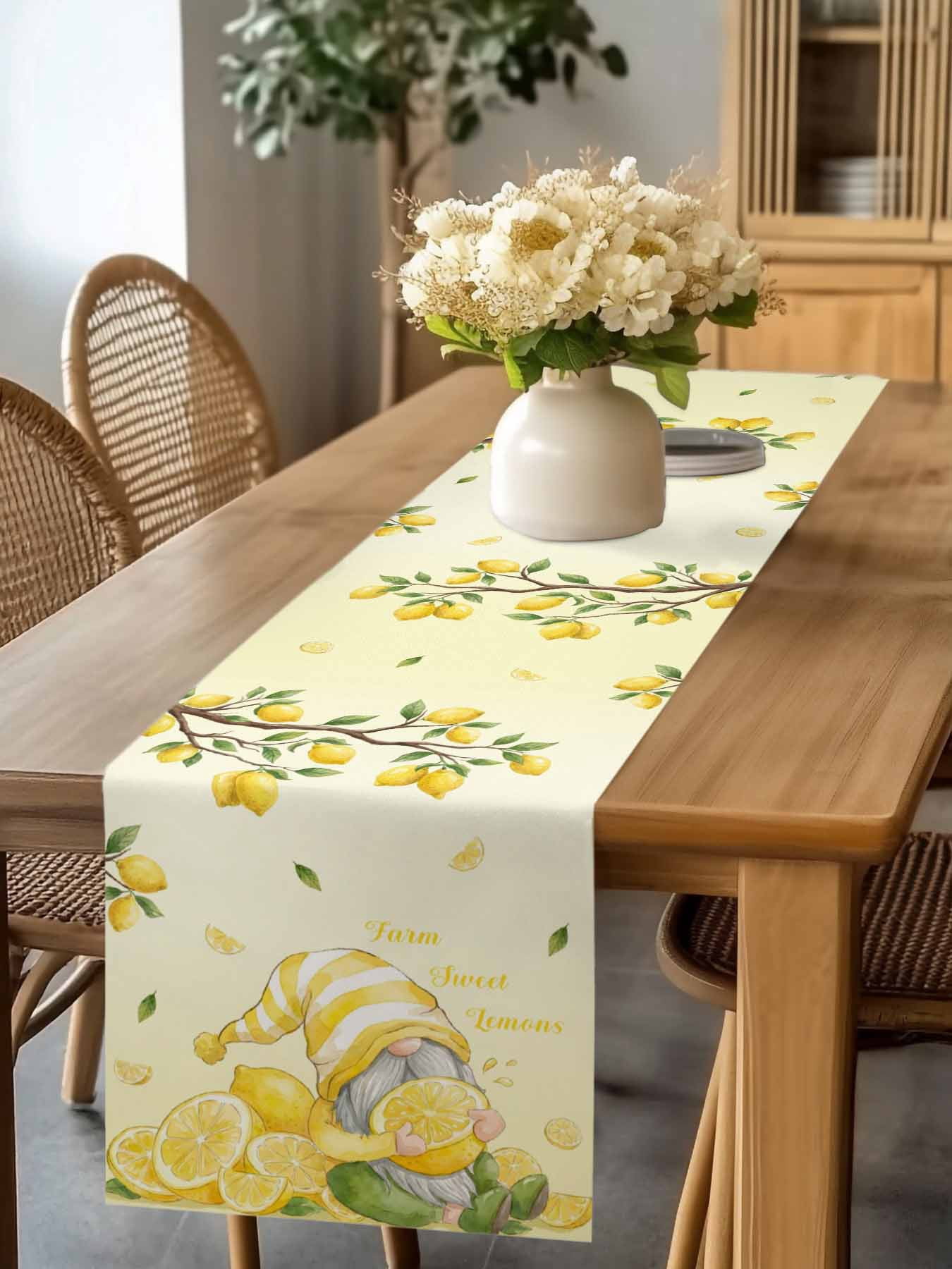 Burlap Table Runner 60 Inches Long, Yellow Lemon Farmhouse Dwarfs Non ...