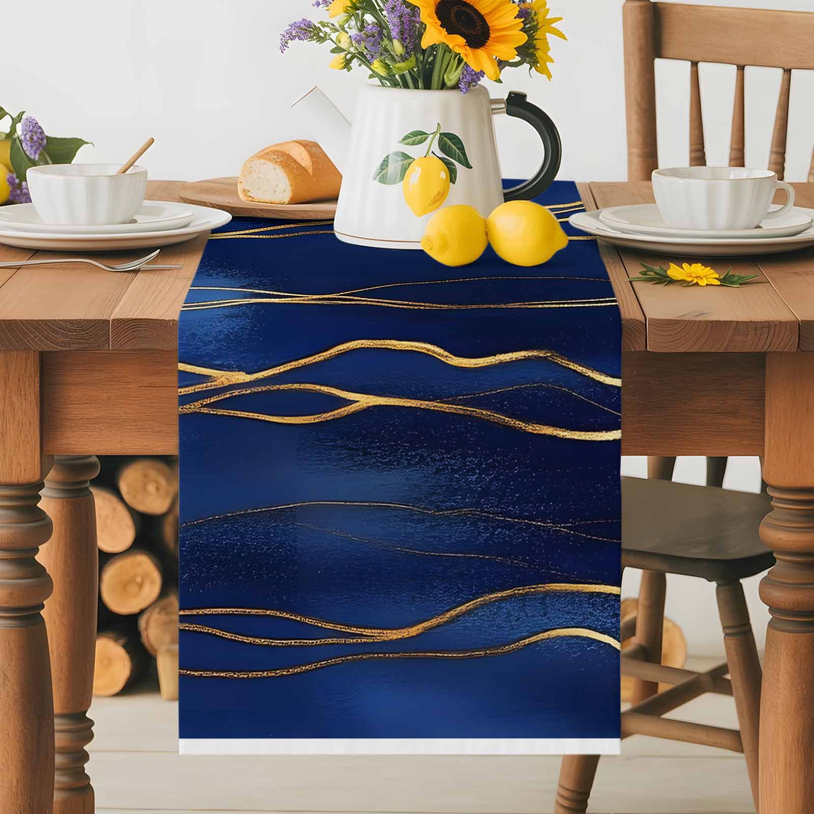Burlap Table Runner 70 Inches Long, Abstract Deep Blue Sea Golden Line ...