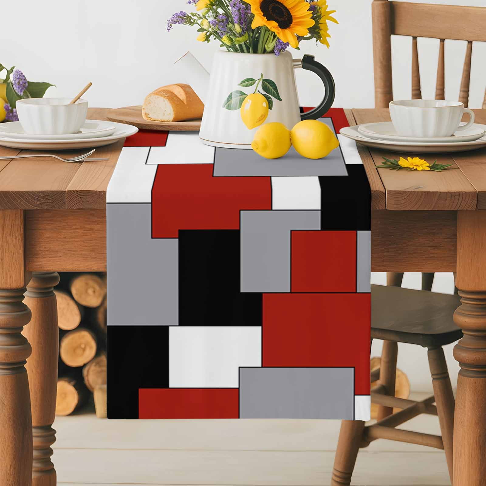 Burlap Table Runner 70 Inches Long,Abstract Red Black Grey White Color ...
