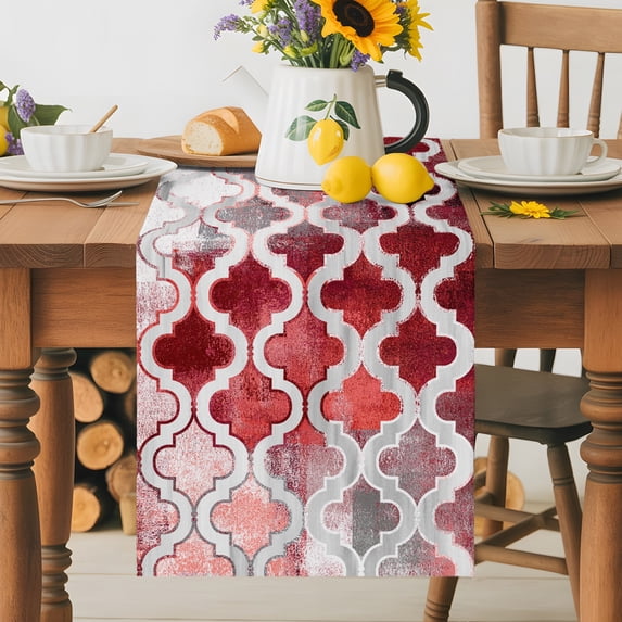 Burlap Table Runner 70 Inches Long, Abstract Red Gray Geometric Art Non ...