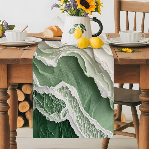 Burlap Table Runner 70 Inches Long, Abstract Teal Green White Wave ...