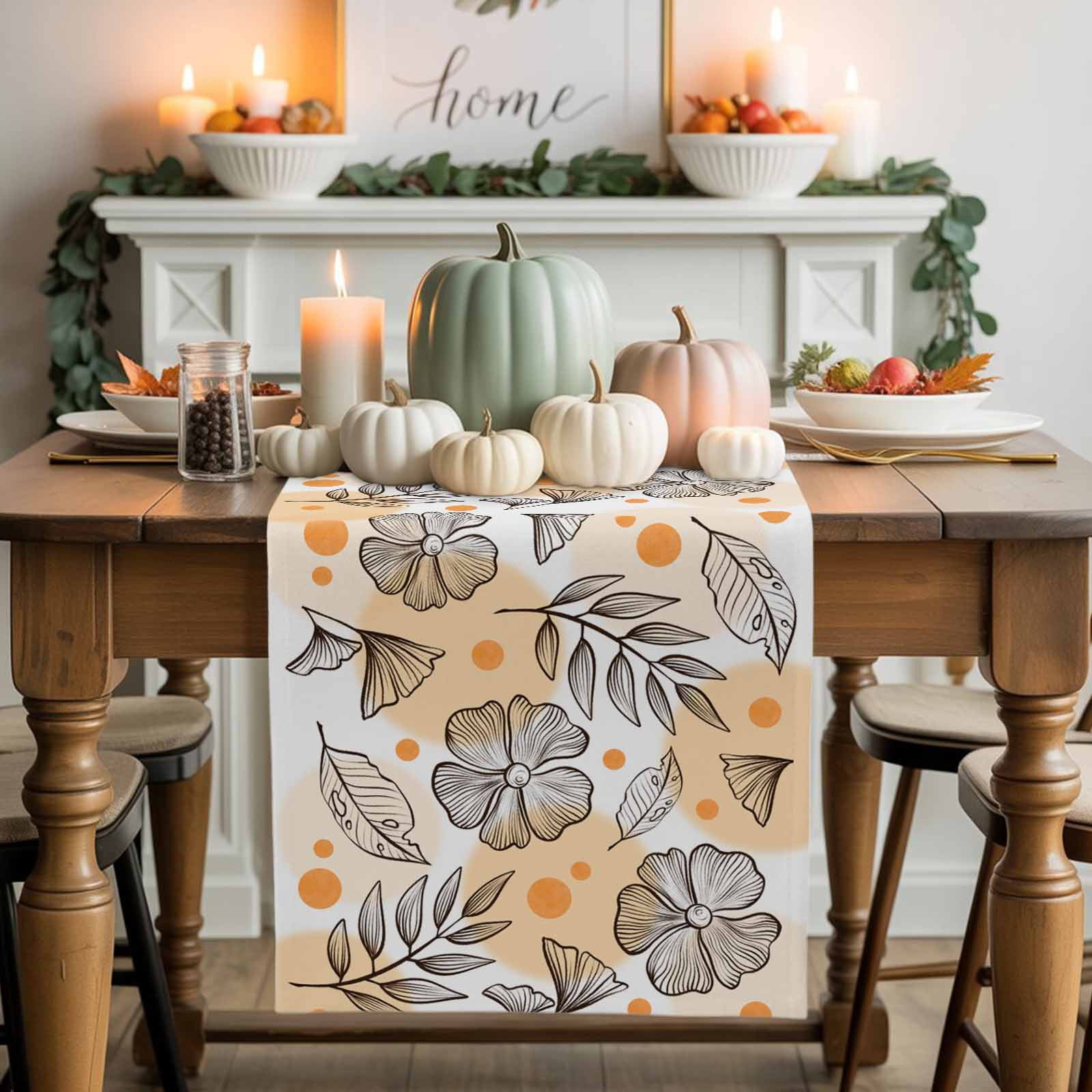 Burlap Table Runner 70 Inches Long,Autumn Flower Leaf Daisy Sketch Art ...
