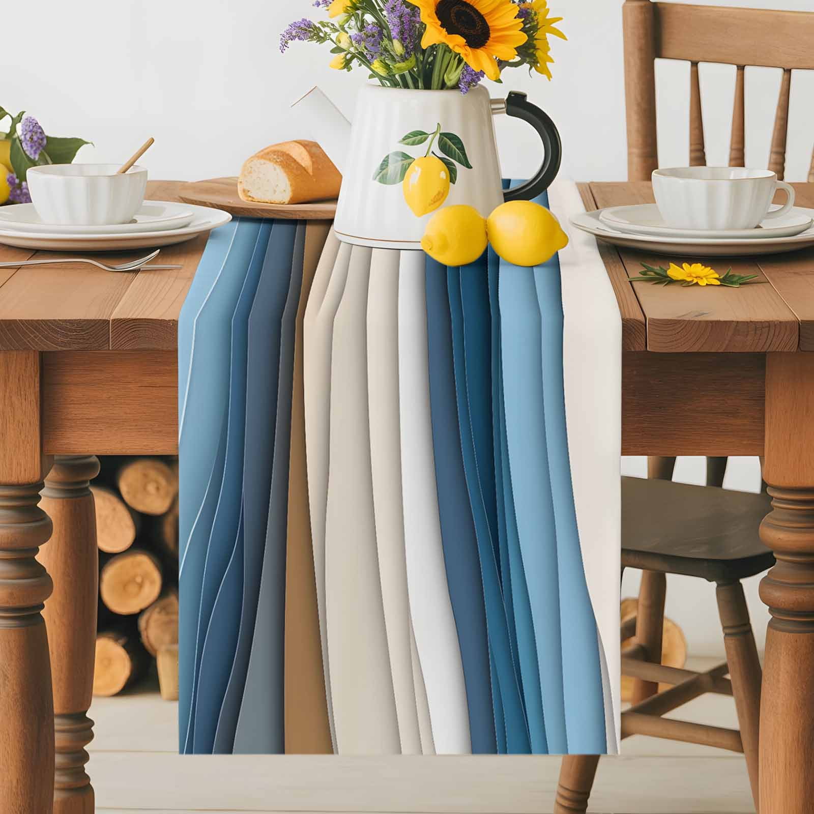 Burlap Table Runner 70 Inches Long, Beige Blue Brown Water Wave Non ...